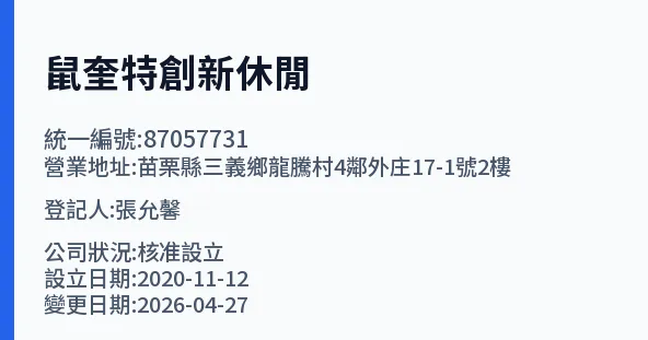 鼠奎特創新休閒的照片-統編 87057731(苗栗縣) 公司登記資料與營業項目詳細圖表