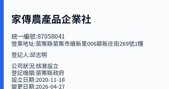 家傳農產品企業社的照片-統編 87058041(苗栗縣) 公司登記資料與營業項目詳細圖表