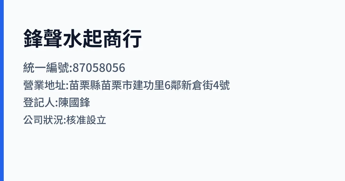 鋒聲水起商行 - 統編 87058056(苗栗縣) 公司登記資料與營業項目詳細圖表