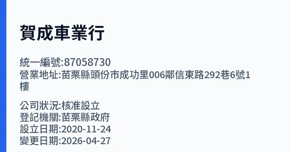 賀成車業行的照片-統編 87058730(苗栗縣) 公司登記資料與營業項目詳細圖表