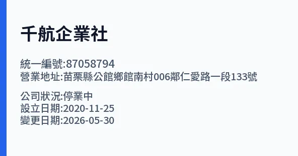 千航企業社的照片-統編 87058794(苗栗縣) 公司登記資料與營業項目詳細圖表