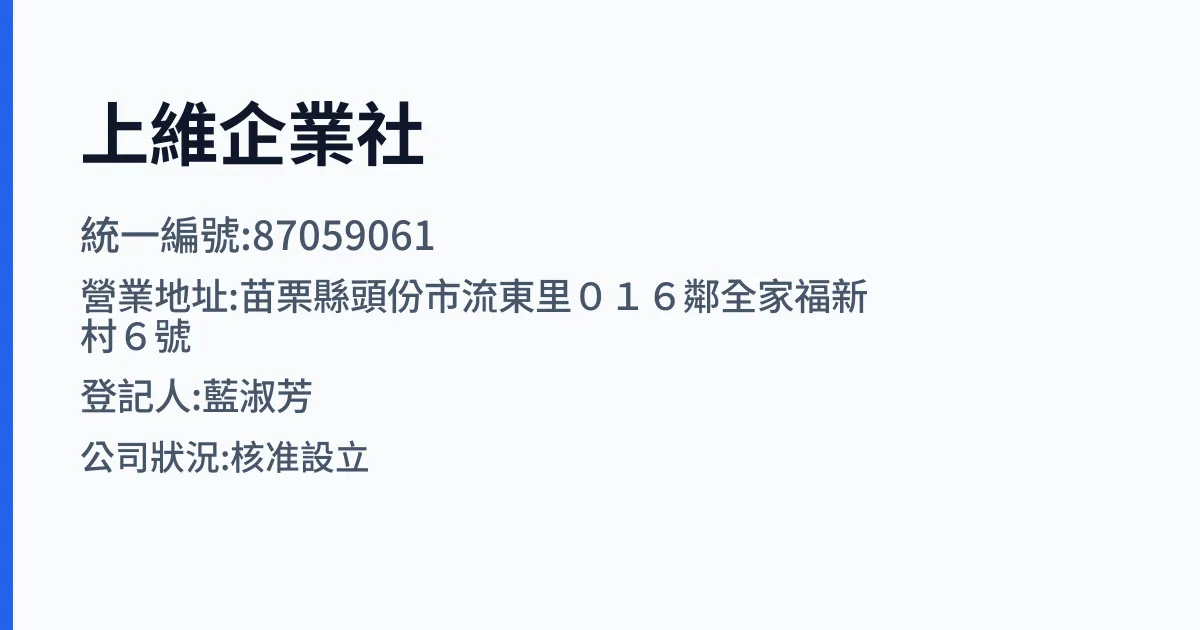 上維企業社 - 統編 87059061(苗栗縣) 公司登記資料與營業項目詳細圖表