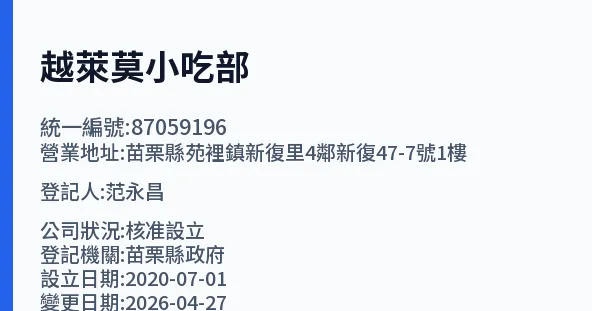 越萊莫小吃部的照片-統編 87059196(苗栗縣) 公司登記資料與營業項目詳細圖表
