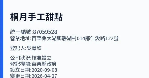 桐月手工甜點的照片-統編 87059528(苗栗縣) 公司登記資料與營業項目詳細圖表