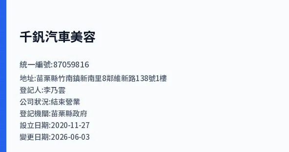 千釩汽車美容的照片-統編 87059816(苗栗縣) 公司登記資料與營業項目詳細圖表