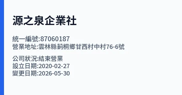 源之泉企業社的照片-統編 87060187(雲林縣) 公司登記資料與營業項目詳細圖表