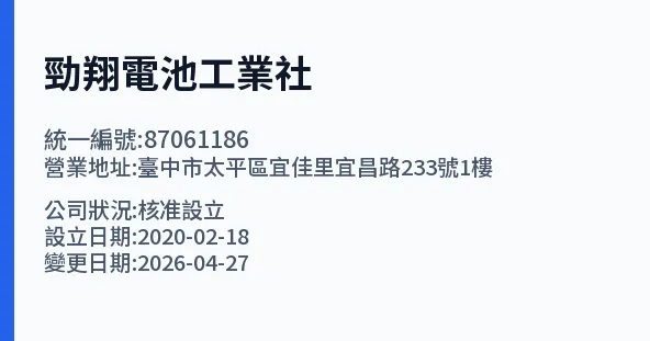 勁翔電池工業社的照片-統編 87061186(臺中市) 公司登記資料與營業項目詳細圖表