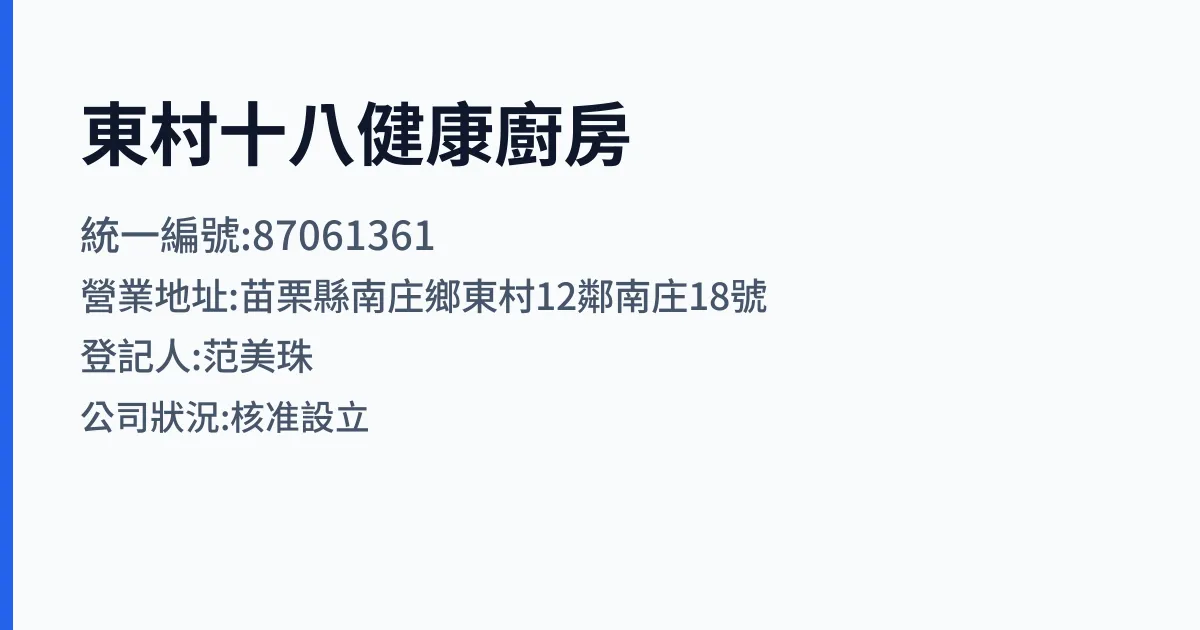 東村十八健康廚房 - 統編 87061361(苗栗縣) 公司登記資料與營業項目詳細圖表
