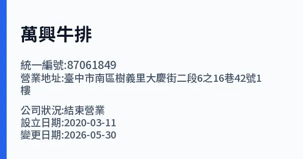 萬興牛排的照片-統編 87061849(臺中市) 公司登記資料與營業項目詳細圖表