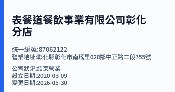 表餐道餐飲事業有限公司彰化分店的照片-統編 87062122(彰化縣) 公司登記資料與營業項目詳細圖表