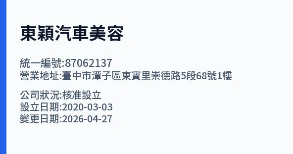東穎汽車美容的照片-統編 87062137(臺中市) 公司登記資料與營業項目詳細圖表