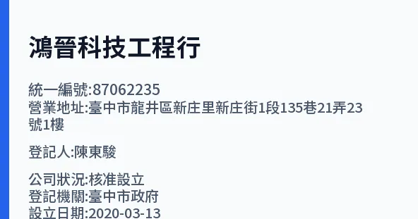鴻晉科技工程行的照片-統編 87062235(臺中市) 公司登記資料與營業項目詳細圖表
