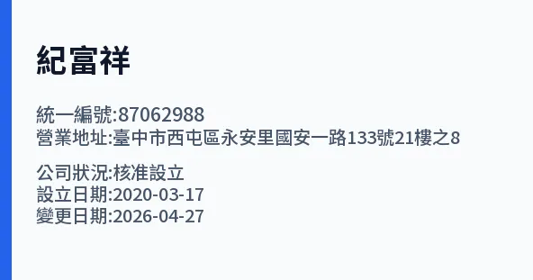 紀富祥的照片-統編 87062988(臺中市) 公司登記資料與營業項目詳細圖表