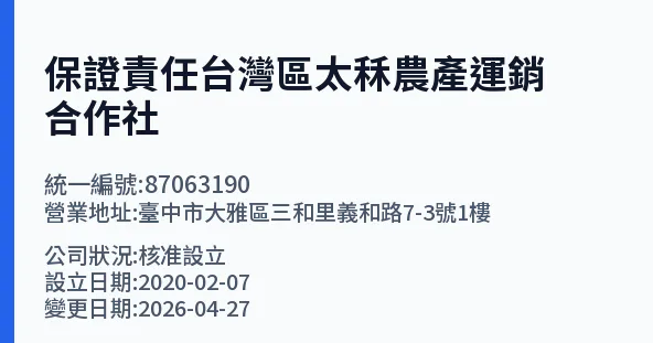 保證責任台灣區太秝農產運銷合作社的照片-統編 87063190(臺中市) 公司登記資料與營業項目詳細圖表
