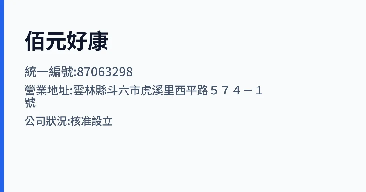 佰元好康 - 統編 87063298(雲林縣) 公司登記資料與營業項目詳細圖表
