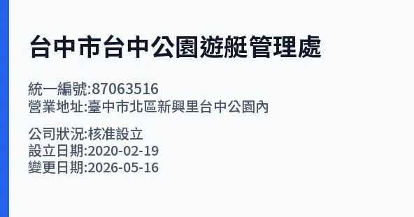 台中市台中公園遊艇管理處的照片-統編 87063516(臺中市) 公司登記資料與營業項目詳細圖表