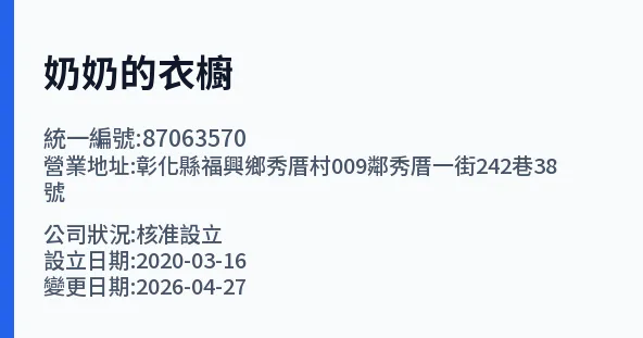奶奶的衣櫥的照片-統編 87063570(彰化縣) 公司登記資料與營業項目詳細圖表