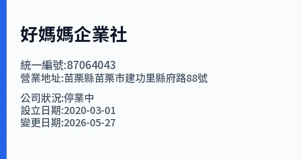 好媽媽企業社的照片-統編 87064043(苗栗縣) 公司登記資料與營業項目詳細圖表