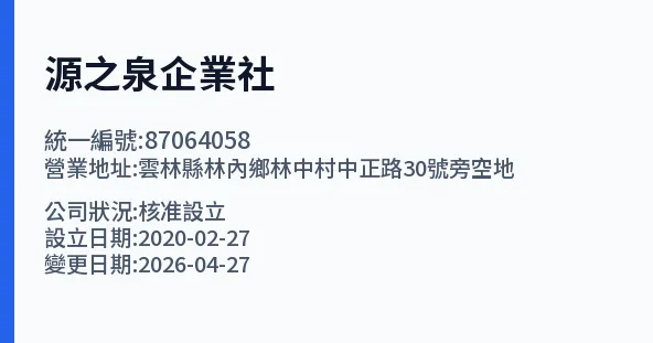 源之泉企業社的照片-統編 87064058(雲林縣) 公司登記資料與營業項目詳細圖表