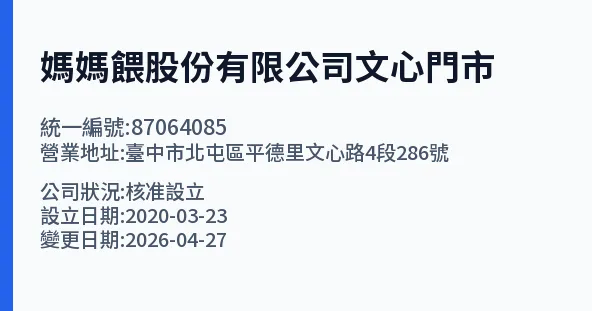 媽媽餵股份有限公司文心門市的照片-統編 87064085(臺中市) 公司登記資料與營業項目詳細圖表