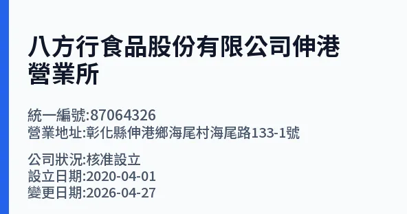 八方行食品股份有限公司伸港營業所的照片-統編 87064326(彰化縣) 公司登記資料與營業項目詳細圖表