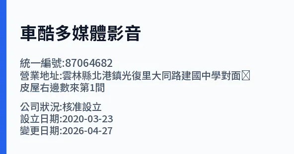 車酷多媒體影音的照片-統編 87064682(雲林縣) 公司登記資料與營業項目詳細圖表