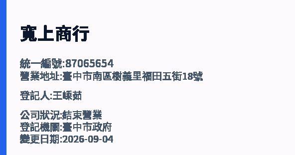 寬上商行的照片-統編 87065654(臺中市) 公司登記資料與營業項目詳細圖表