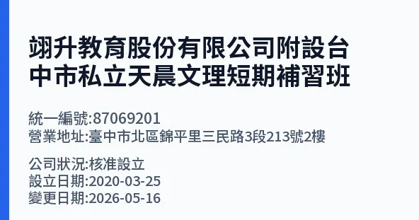 翊升教育股份有限公司附設台中市私立天晨文理短期補習班的照片-統編 87069201(臺中市) 公司登記資料與營業項目詳細圖表
