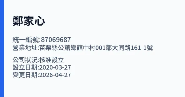 鄭家心的照片-統編 87069687(苗栗縣) 公司登記資料與營業項目詳細圖表
