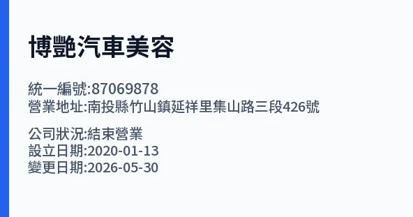 博艷汽車美容的照片-統編 87069878(南投縣) 公司登記資料與營業項目詳細圖表