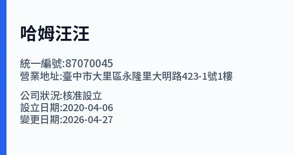 哈姆汪汪的照片-統編 87070045(臺中市) 公司登記資料與營業項目詳細圖表
