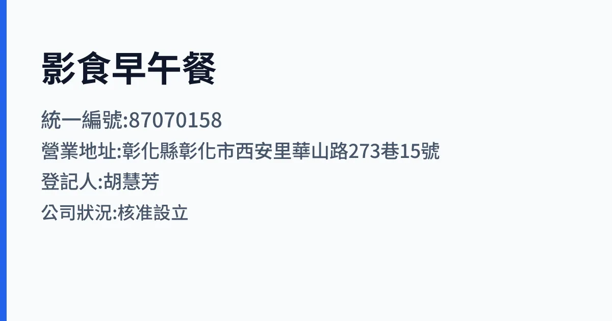 影食早午餐 - 統編 87070158(彰化縣) 公司登記資料與營業項目詳細圖表