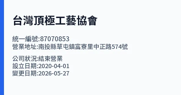 台灣頂極工藝協會的照片-統編 87070853(南投縣) 公司登記資料與營業項目詳細圖表