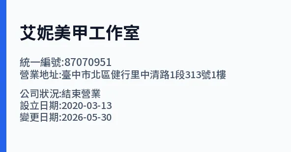 艾妮美甲工作室的照片-統編 87070951(臺中市) 公司登記資料與營業項目詳細圖表