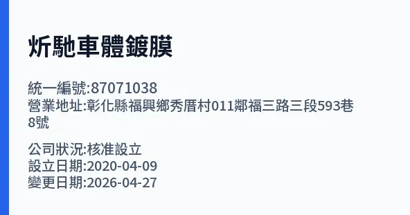 炘馳車體鍍膜的照片-統編 87071038(彰化縣) 公司登記資料與營業項目詳細圖表