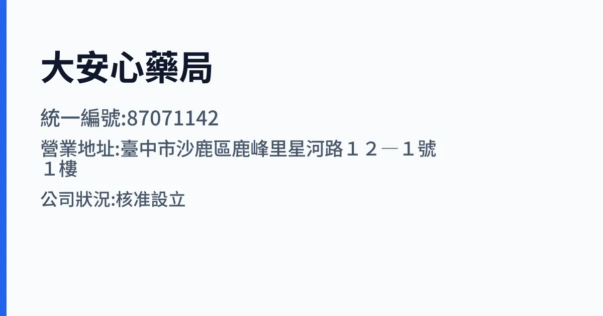 大安心藥局 - 統編 87071142(臺中市) 公司登記資料與營業項目詳細圖表