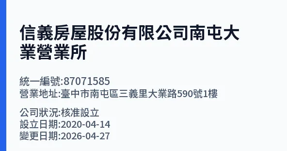信義房屋股份有限公司南屯大業營業所的照片-統編 87071585(臺中市) 公司登記資料與營業項目詳細圖表