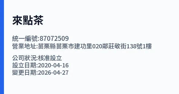 來點茶的照片-統編 87072509(苗栗縣) 公司登記資料與營業項目詳細圖表