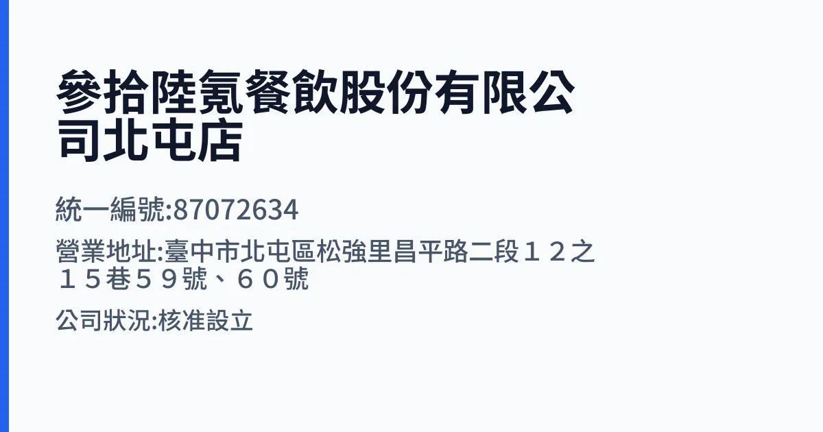 參拾陸氪餐飲股份有限公司北屯店 - 統編 87072634(臺中市) 公司登記資料與營業項目詳細圖表