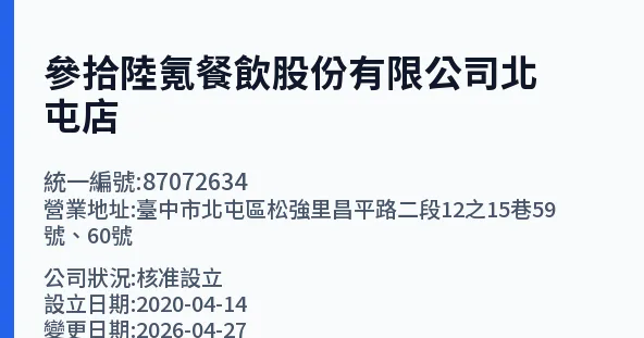 參拾陸氪餐飲股份有限公司北屯店的照片-統編 87072634(臺中市) 公司登記資料與營業項目詳細圖表