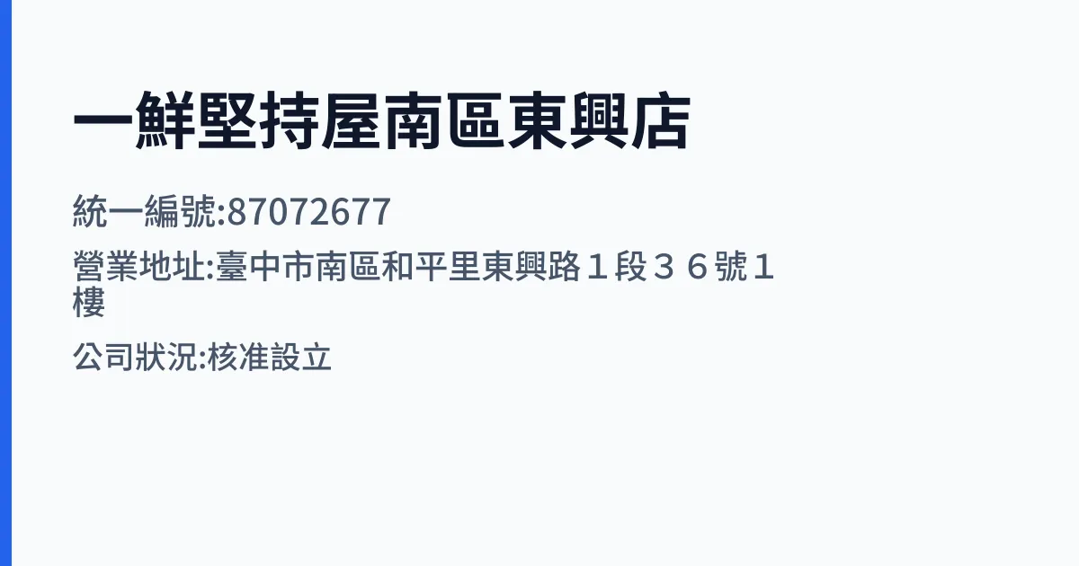 一鮮堅持屋南區東興店 - 統編 87072677（臺中市） 公司登記資料與營業項目詳細圖表