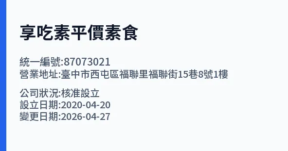 享吃素平價素食的照片-統編 87073021(臺中市) 公司登記資料與營業項目詳細圖表