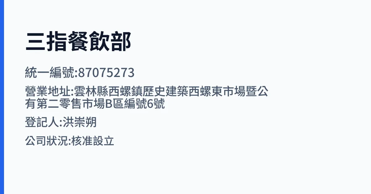 三指餐飲部 - 統編 87075273(雲林縣) 公司登記資料與營業項目詳細圖表
