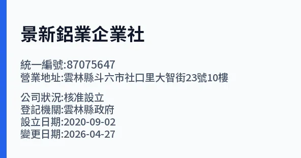 景新鋁業企業社的照片-統編 87075647(雲林縣) 公司登記資料與營業項目詳細圖表