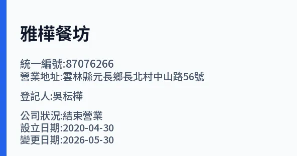 雅樺餐坊的照片-統編 87076266(雲林縣) 公司登記資料與營業項目詳細圖表