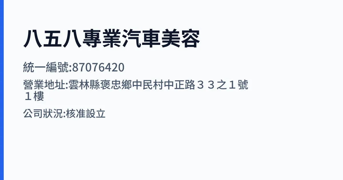 八五八專業汽車美容 - 統編 87076420（雲林縣） 公司登記資料與營業項目詳細圖表