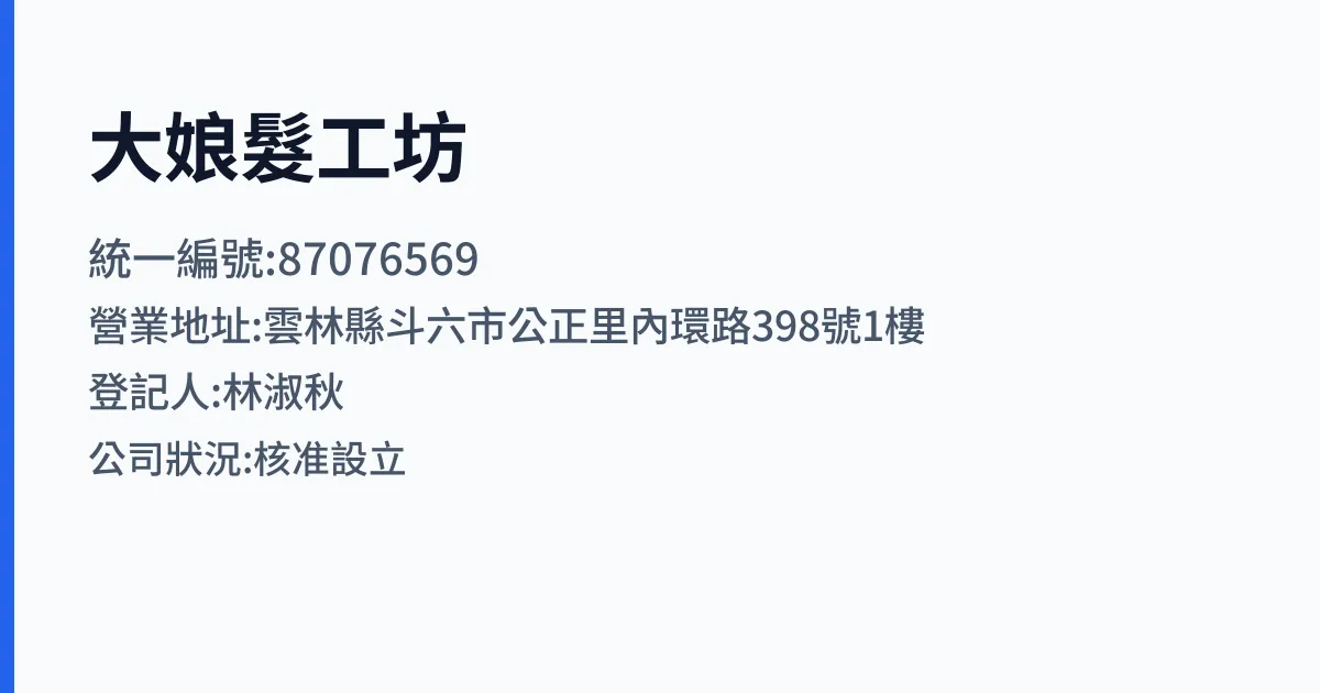 大娘髮工坊 - 統編 87076569(雲林縣) 公司登記資料與營業項目詳細圖表
