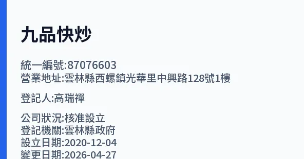 九品快炒的照片-統編 87076603(雲林縣) 公司登記資料與營業項目詳細圖表