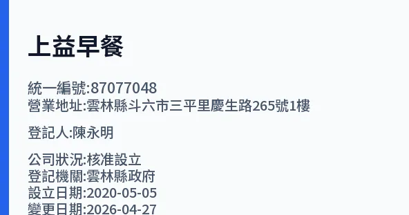 上益早餐的照片-統編 87077048(雲林縣) 公司登記資料與營業項目詳細圖表