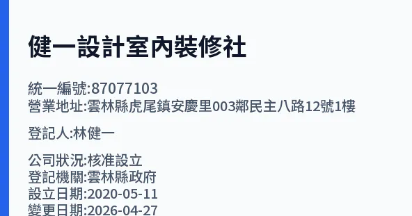 健一設計室內裝修社的照片-統編 87077103(雲林縣) 公司登記資料與營業項目詳細圖表